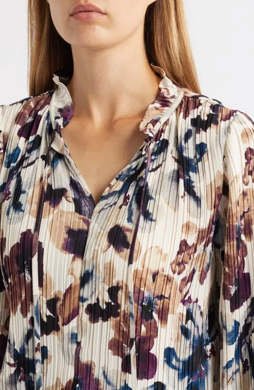 Anne Klein Floral Pleated Tie Neck Top