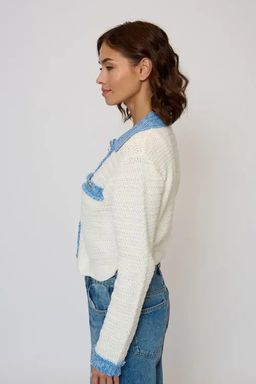 Central Park West Rose Scallop Edge Sweater - Denim/white