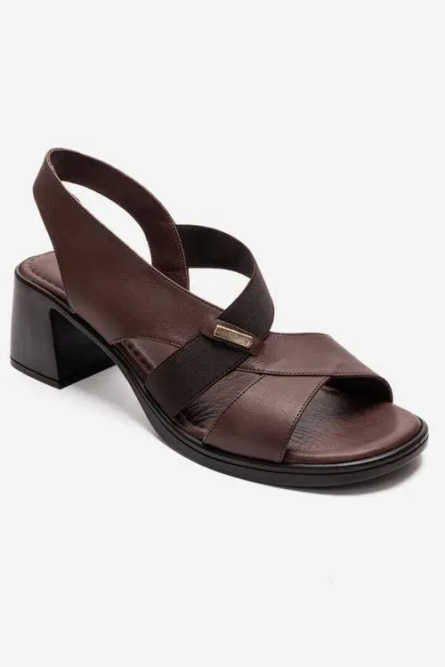 FOREVER & ALWAYS SHOES Crina Elasticated Leather Chunky Heel Sandals - Brown