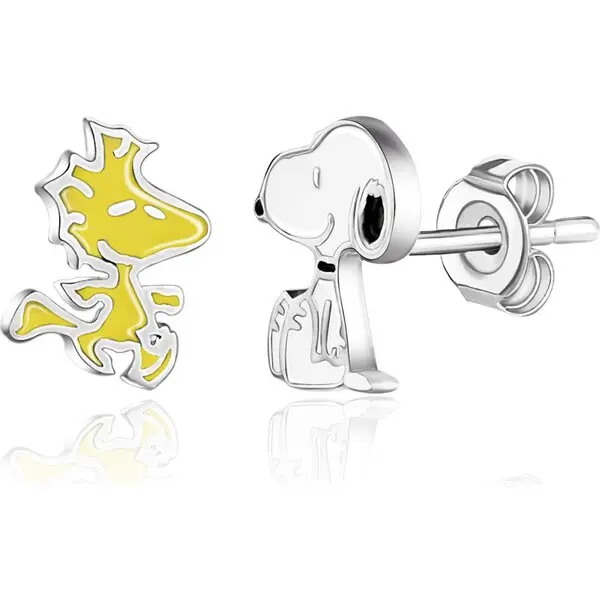 PEANUTS Snoopy And Woodstock Mismatched Stud Earrings - Silver/ White/yellow