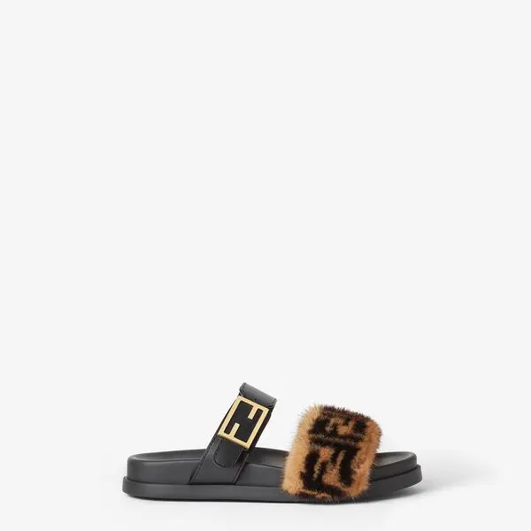 Fendi Ff Baguette Mink Slides - Multicolour