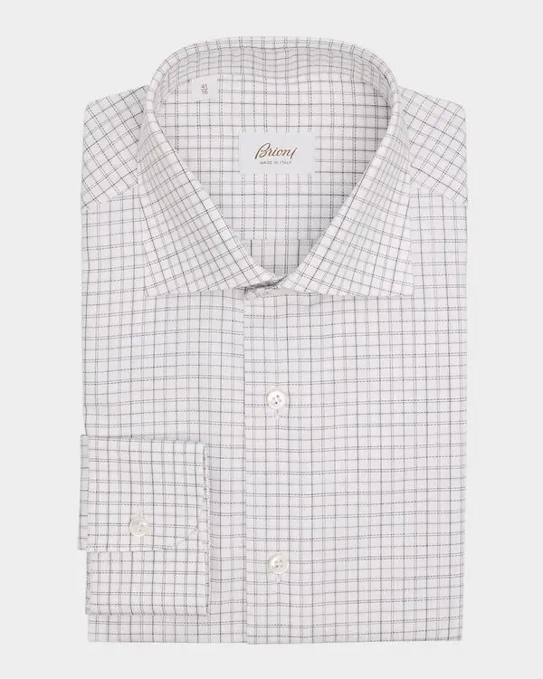 Brioni Cotton Grid Check Classic-fit Dress Shirt - White Grey