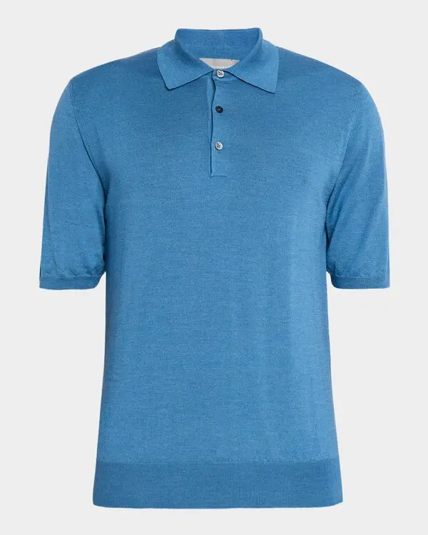 Neiman Marcus Wool And Silk Short-sleeve Polo Sweater - Blue