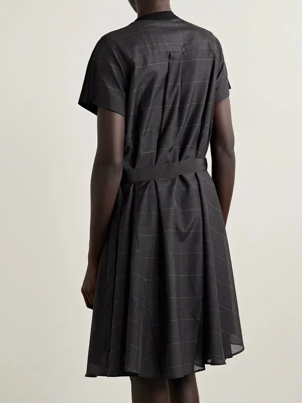 Belted Cotton-jersey And Checked Voile Midi Dress - Black