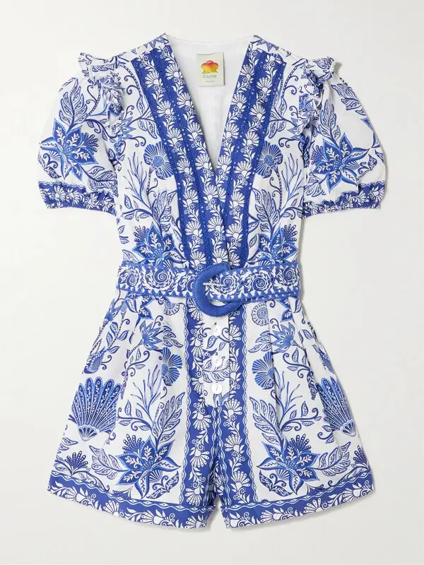 Farm Rio Belted Printed Organic Cotton Playsuit - Blue