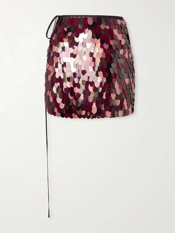 Dries Van Noten Sequined Chiffon Mini Wrap Skirt - Burgundy