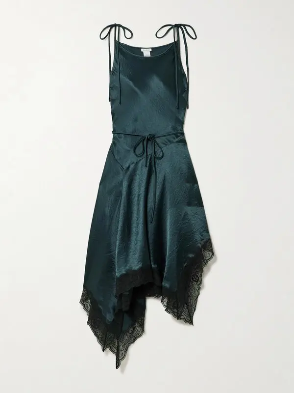 Acne Studios Belted Asymmetric Lace-trimmed Satin Midi Dress - Blue
