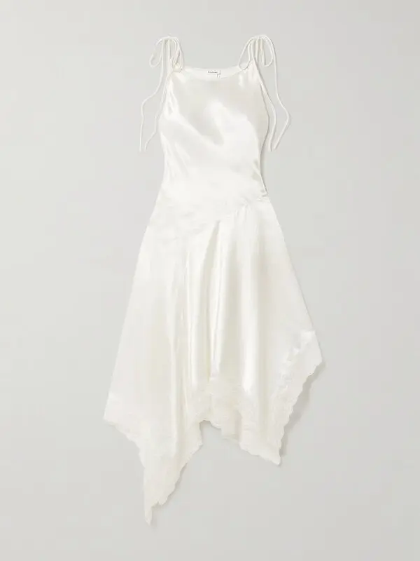 Acne Studios Doyla Belted Asymmetric Lace-trimmed Hammered-satin Midi Dress - White