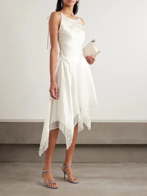 Acne Studios Doyla Belted Asymmetric Lace-trimmed Hammered-satin Midi Dress - White
