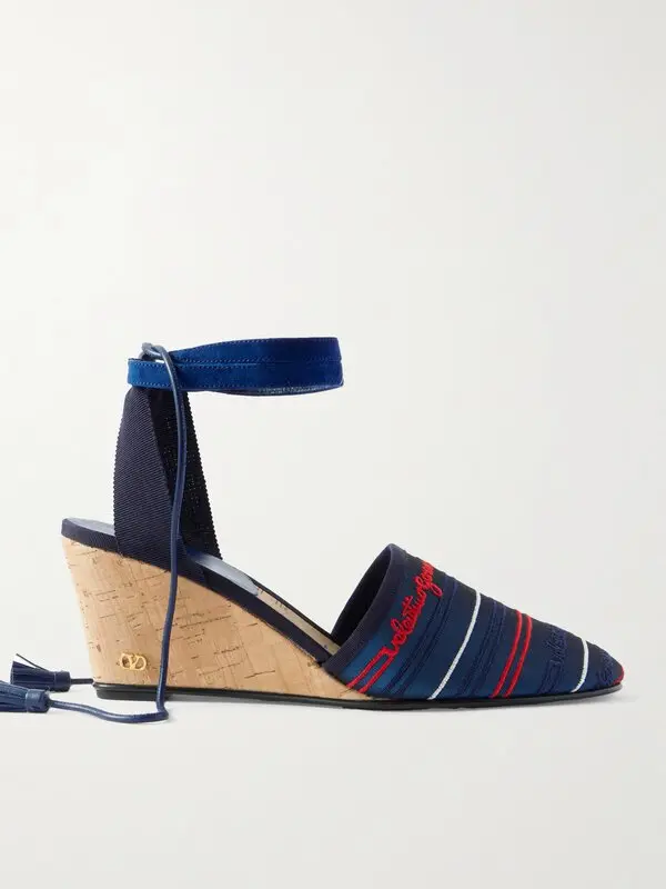 Valentino Garavani La Cruisette 75 Tasseled Embroidered Canvas Wedge Sandals - Blue