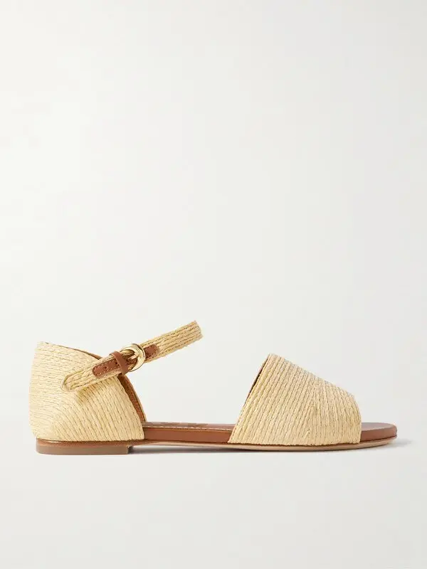 Staud Catherine Leather-trimmed Raffia Sandals - Neutrals
