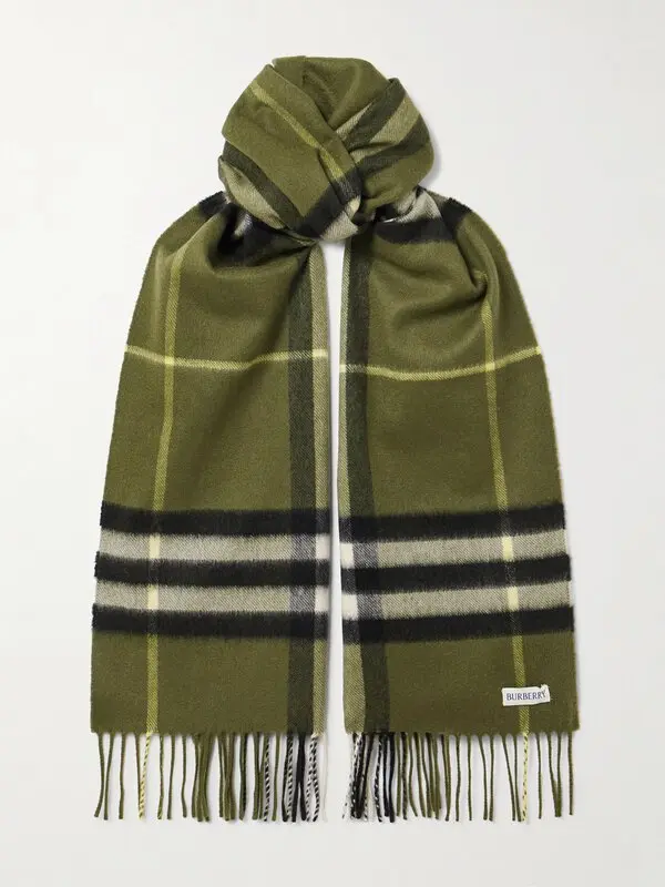 Burberry Fringed Checked Cashmere Scarf - Green