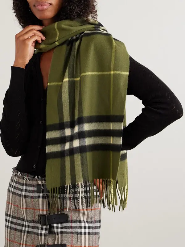 Burberry Fringed Checked Cashmere Scarf - Green