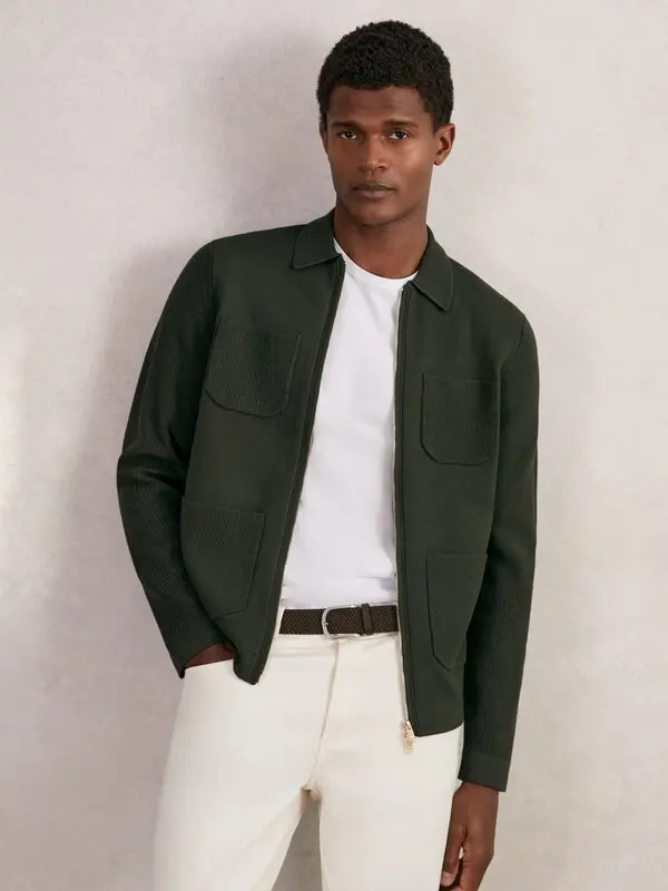 REISS Four-pocket Zip-through Cardigan - Forest Green