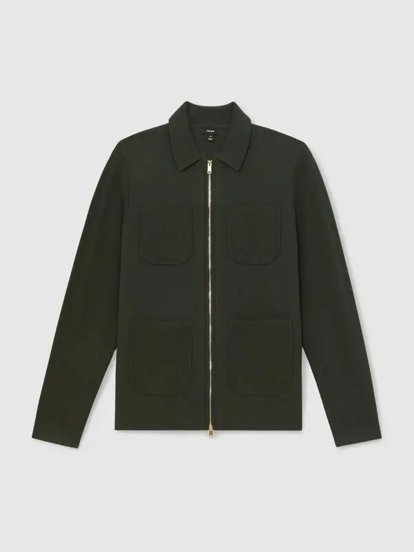 REISS Four-pocket Zip-through Cardigan - Forest Green
