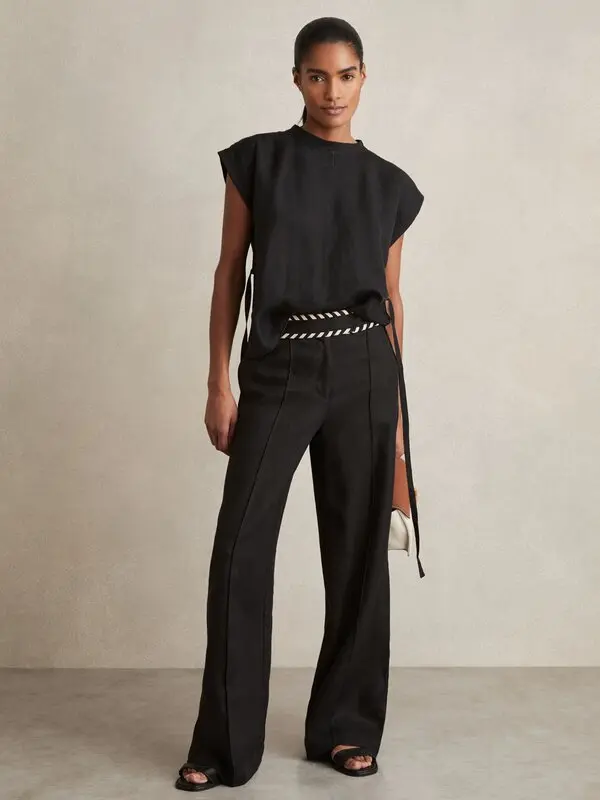 REISS Fawn Linen Wide-leg Whipstitch Trousers - Black