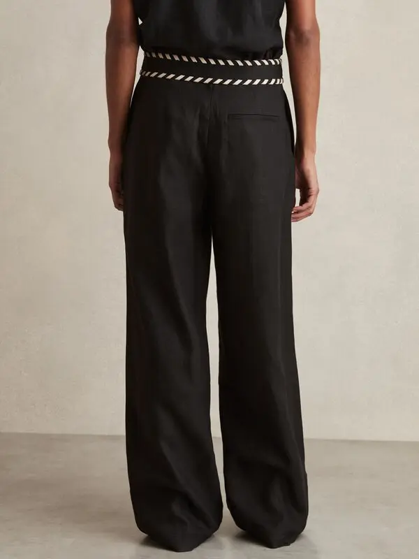 REISS Fawn Linen Wide-leg Whipstitch Trousers - Black