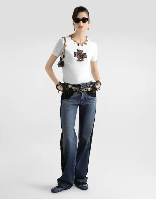 Dolce & Gabbana Denim Trousers With Macramé Lace Appliqu