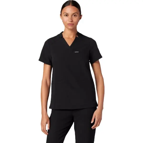 JAANUU Helia 3-pocket Notched V-neck Scrub Top - Black