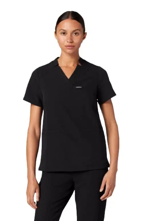 JAANUU Helia Slim Notched V-neck Scrub Top - Black