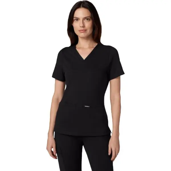 JAANUU Slim Knit V-neck Scrub Top - Black