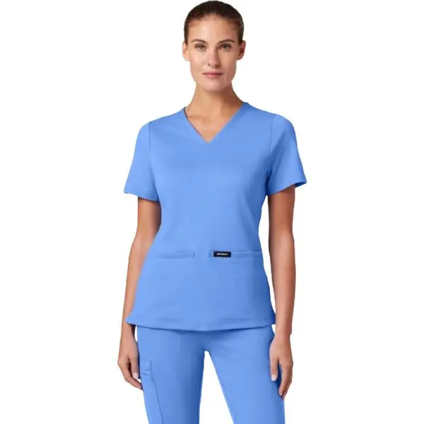 JAANUU Slim Knit V-neck Scrub Top - Ceil Blue