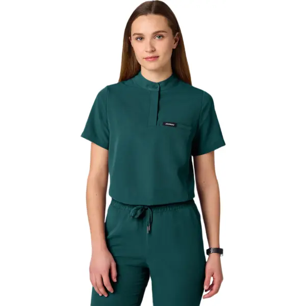 JAANUU Classic Banded Collar Scrub Top - Midnight Green