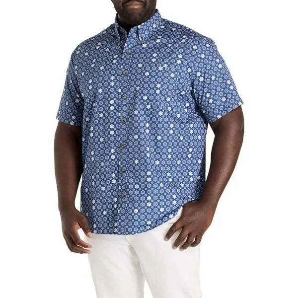 HARBOR BAY BY DXL Big & Tall Easy-care Medallion Print Sport Shirt - Blue