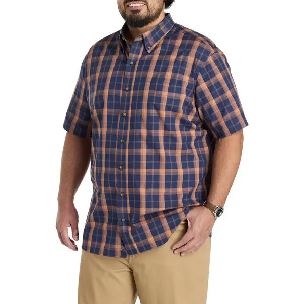 HARBOR BAY BY DXL Big & Tall Easy-care Large Plaid Sport Shirt - Navy Orange