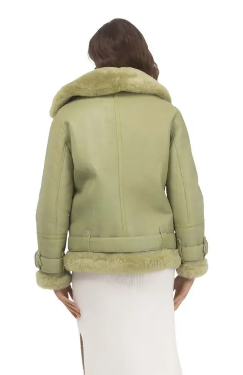 Gorski Genuine Shearling Moto Zip Jacket - Light Green