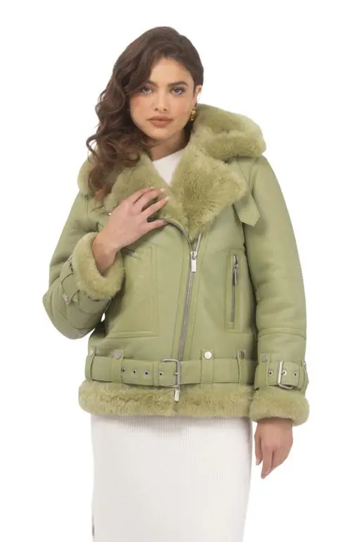 Gorski Genuine Shearling Moto Zip Jacket - Light Green