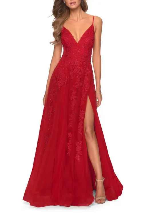 La Femme Tulle Ball Gown With Floral Appliques - Red