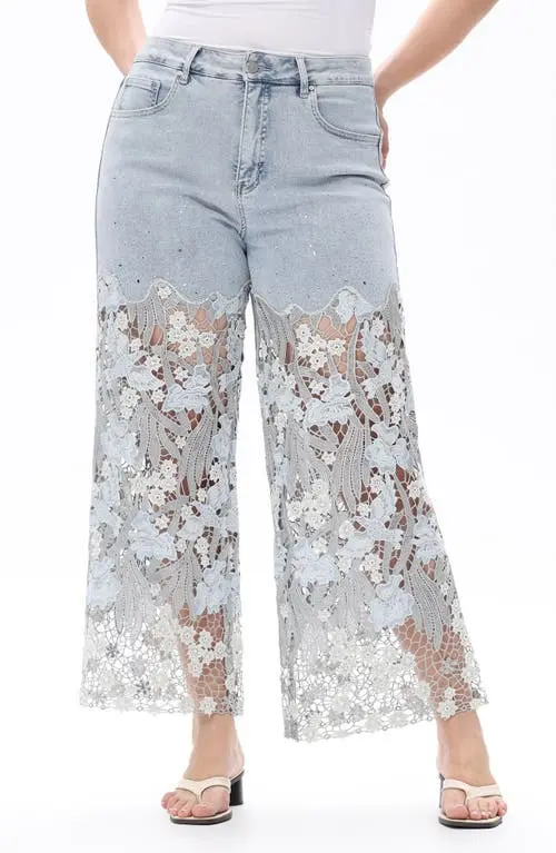 BAYEAS Crystal Embellished Lace Wide Leg Jeans - Lesley Blue