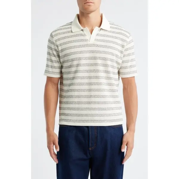 PERCIVAL Laurent Stripe Johnny Collar Cotton Blend Polo - Ecru