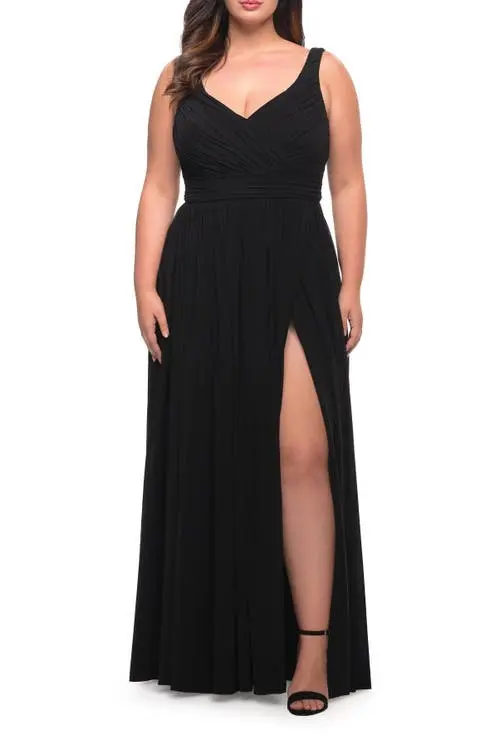 LABOMME Net Jersey Long Gown With Slit - Black