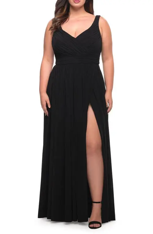 La Femme Net Jersey Long Gown With Slit - Black