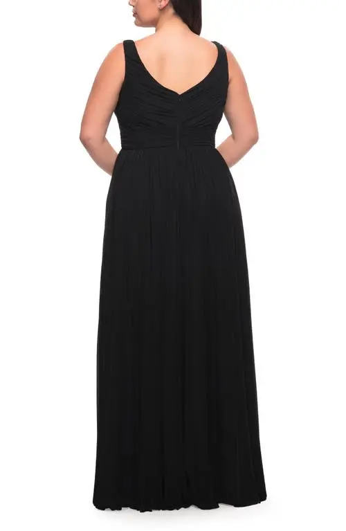 La Femme Net Jersey Long Gown With Slit - Black