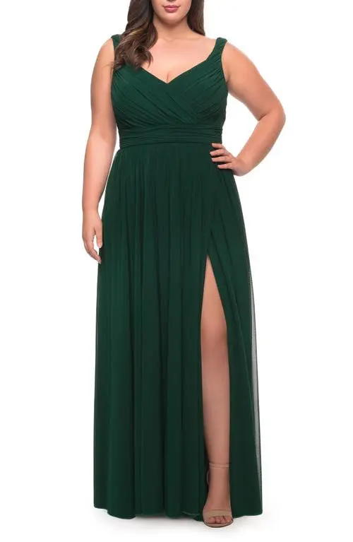 La Femme Net Jersey Long Gown With Slit - Emerald