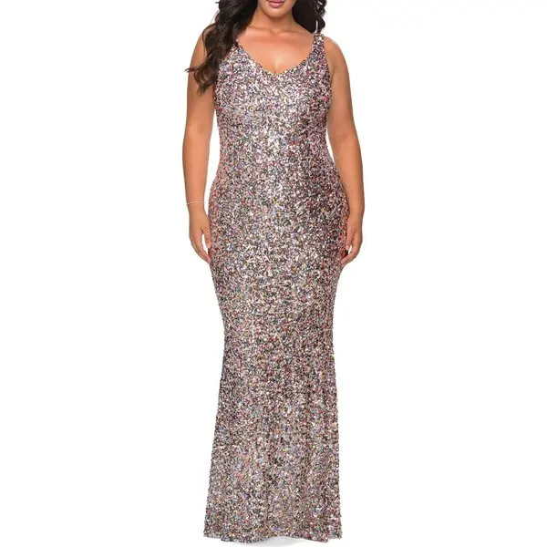 La Femme Floor Length Sequin Gown - Silver