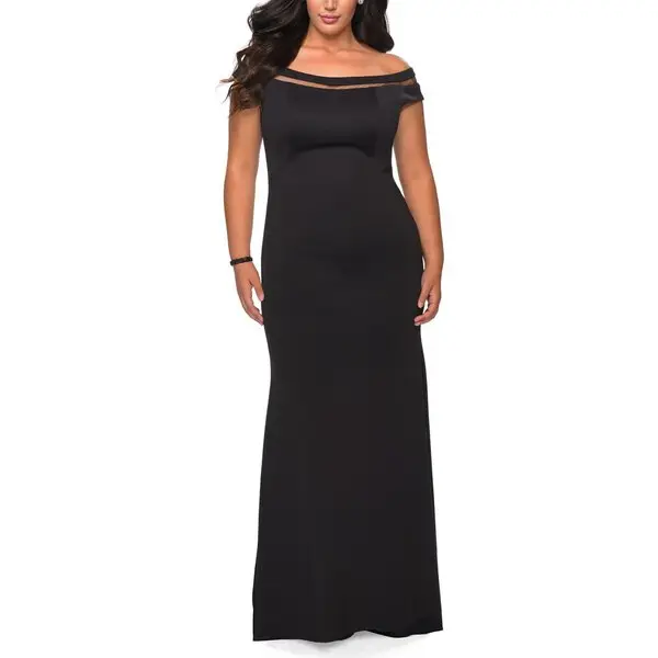 La Femme Off-the-shoulder Gown With Sheer Neckline Detail - Black
