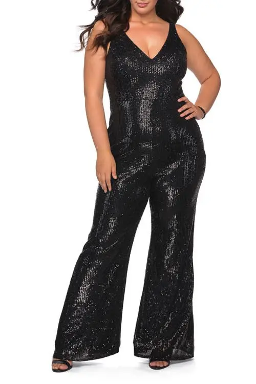 LABOMME Sequin Jumpsuit With Plunging Neckline - Black