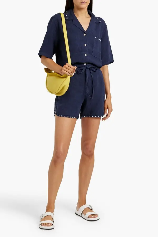 THE ELDER STATESMAN Embroidered Linen Shorts