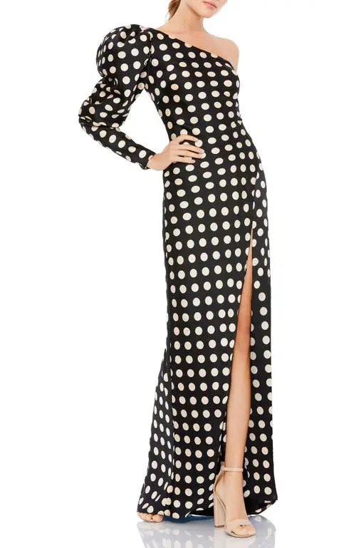 Mac Duggal One-shoulder Polka Dot Gown