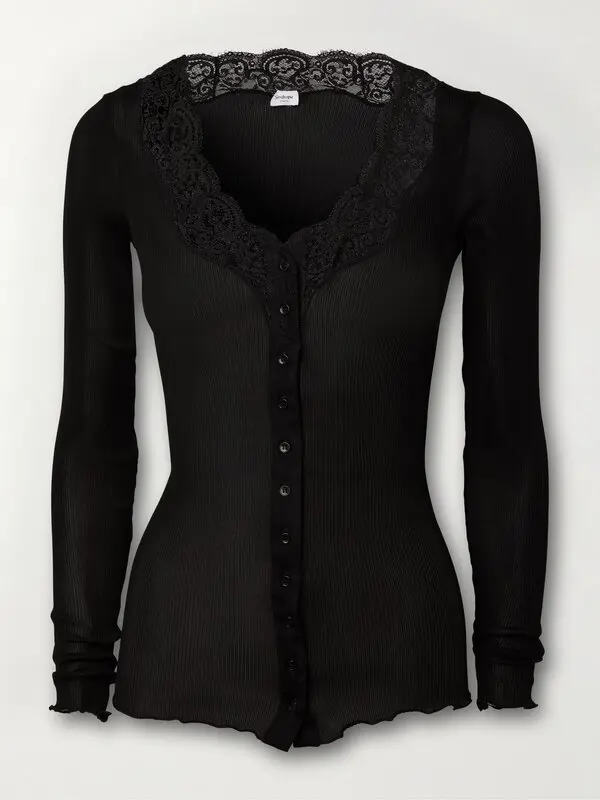 Saint Laurent Lace-trimmed Ribbed Silk-jersey Cardigan - Black