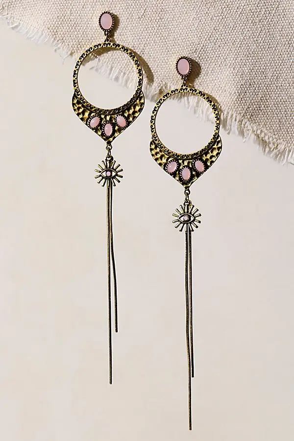 Free People Sky City Dangles With Celestial Motifs - Gold/rose Quartz