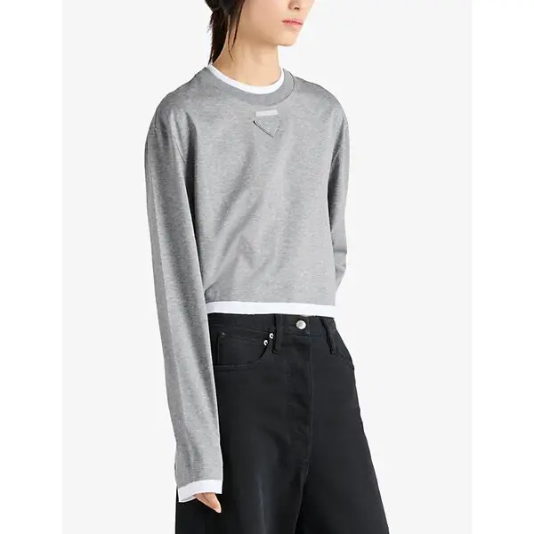 Prada Triangle Appliqué Long-Sleeve Cotton-Jersey T-Shirt - Grey