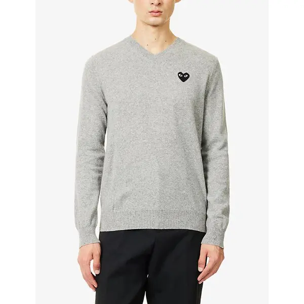 Play Comme Des Garcon Logo-patch Long-sleeve Wool Sweater - Light Grey