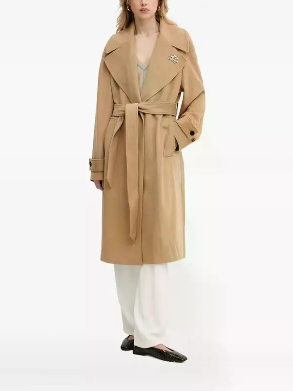 Karl Lagerfeld Belted Coat With Logo Brooch