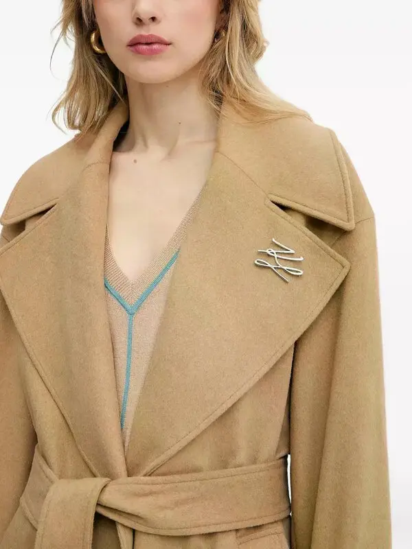 Karl Lagerfeld Belted Coat With Logo Brooch