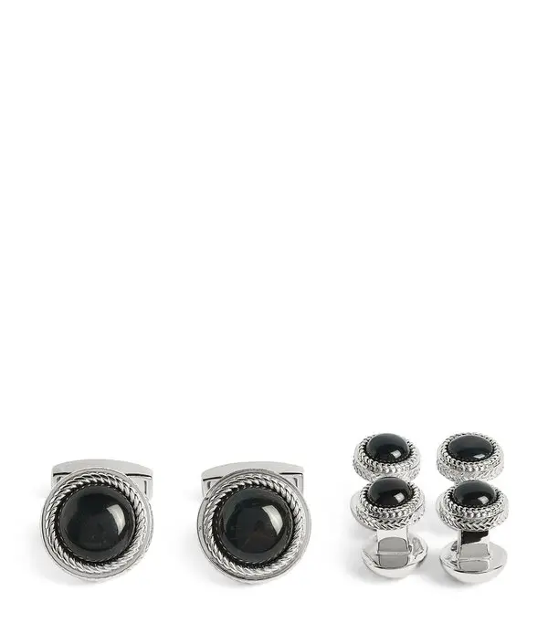 Tateossian Sterling Silver And Onyx Herringbone Cufflinks And Studs Set - Blue
